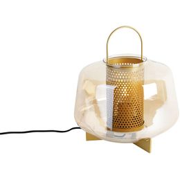 Qazqa Art Deco Tischlampe Gold mit Bernsteinglas 30 cm - Kevin - Gold/Messing