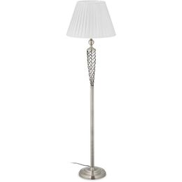 Stehlampe antik, Stoffschirm, dekorativer Metallfuß, E27, Standleuchte Wohnzimmer, HxD: 157x42cm, silber/weiß - Relaxdays