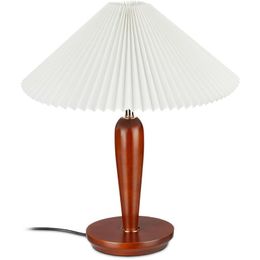 Tischleuchte Vintage, Schirm Tischlampe mit Holzfuß, HxD: 51 x 44 cm, Nachttischlampe, E27 Fassung, braun/weiß - Relaxdays
