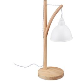 Relaxdays - Tischlampe, hängender Metallschirm, Holz, E14, hbt 52 x 18 x 26 cm, Industrial Style, Nachttischlampe, weiß