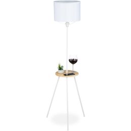 Stehlampe mit Tisch, hbt: 158 x 52 x 52 cm, E27, skandinavisches Design, Holz & Metall, Dreibein Lampe, weiß - Relaxdays