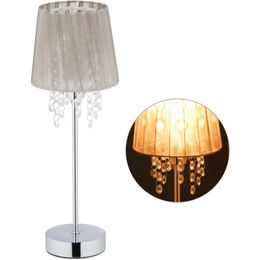 Relaxdays - Tischlampe Kristall, Lampenschirm aus Organza, runder Standfuß, Nachttischlampe, HxD 41 x 14,5 cm, grau/silber
