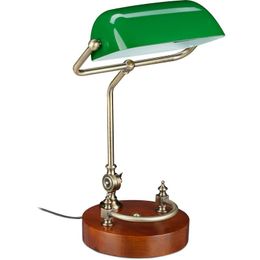 Bankerlampe, neigbarer Glasschirm, Holzfuß, E27-Fassung, Schreibtischlampe Retro, Bibliothekslampe, grün-braun - Relaxdays