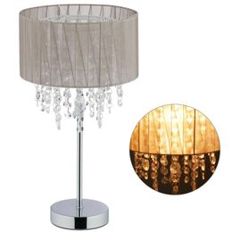 Relaxdays - Tischlampe Kristall, Lampenschirm aus Organza, runder Standfuß, Nachttischlampe, HxD: 43 x 24 cm, grau/silber
