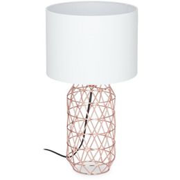 Tischlampe Gitter, runder Lampenschirm, Metallfuß, E27, Nachttischlampe, h x d: 45 x 25 cm, weiß/rose-gold - Relaxdays