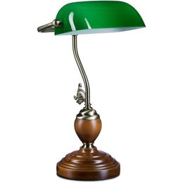 Relaxdays - Bankerlampe Holzfuß grün Klassiker Schreibtischlampe - Retro Tischlampe Banker Lampe Messing-Optik & geschwungenen Verzierungen der 30er