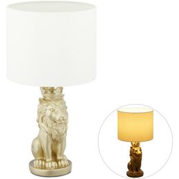 Tischlampe Löwe, Tischleuchte mit Stoffschirm, E27, prunkvolle Nachttischlampe, h x d: 47,5 x 25 cm, weiß/gold - Relaxdays