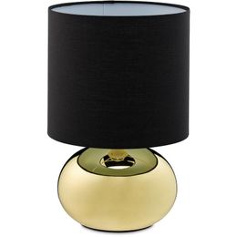 Tischlampe, runde Nachttischlampe mit Touch, HxD 27,5 x 18 cm, E14, Tischleuchte mit Stoffschirm, gold/schwarz - Relaxdays
