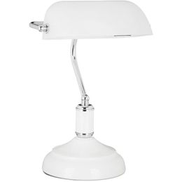 Relaxdays - Bankerlampe weiß, Glas Lampenschirm, schwenkbarer, Schreibtischlampe, Retro Stil, Tischlampe Metall, Vintage Tischleuchte hbt 36 x 26 x