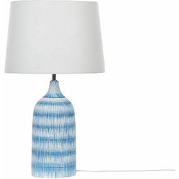 Beliani Tischlampe mit Keramikfuß Blau 66 cm Langes Kabel mit Schalter Klassischer Lampenschirm aus Baumwolle Jute in Weiß Wohnzimmer Schlafzimmer - Weiß