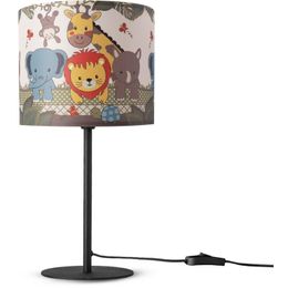 Paco Home - Tischlampe Kinderzimmer Nachtisch Lampe Stoffschirm Wandleuchte RundTiere Tischleuchte - Schwarz, Design 1 (Ø18 cm)