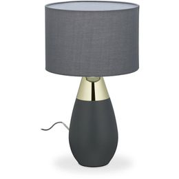 Nachttischlampe mit Touch, E14, moderne Touchlampe, HxD: 49 x 28 cm, Tischleuchte mit Stoffschirm, grau-gold - Relaxdays