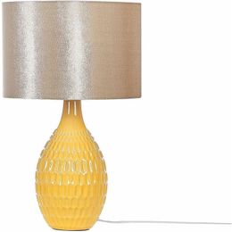 Beliani Tischlampe Gelb / Gold 54 cm geprägt Keramiksockel Kabel mit Schalter glänzender Lampenschirm Stoff Schlafzimmer Wohnzimmer Retro - Gold