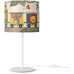 Paco Home Tischlampe Kinderzimmer Nachtisch Lampe Stoffschirm Wandleuchte RundTiere Tischleuchte - Weiß, Design 2 (Ø18 cm)