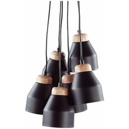 Beliani Hängeleuchte Schwarz Metall und Holz mit Schirmen in Glockenform 6-flammig Industrie Look - Heller Holzfarbton