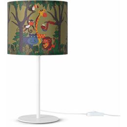 Paco Home Tischlampe Kinderzimmer Nachtisch Lampe Stoffschirm Wandleuchte RundTiere Tischleuchte - Weiß, Design 4 (Ø18 cm)