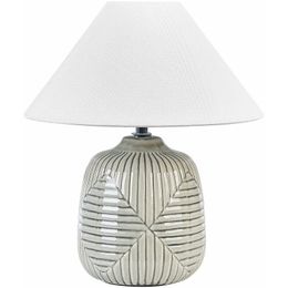 Beliani Nachttischlampe Grau Keramik 35 cm Weißer Trommelschirm Handgefertigt Geometrisches Muster Nachttisch Wohnzimmer Schlafzimmer Beleuchtung - Grau