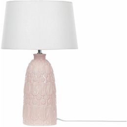 Beliani Tischlampe mit Keramikfuß Rosa 56 cm Blumenmotiv Langes Kabel mit Schalter Lampenschirm aus Baumwolle / Jute in Weiß Wohnzimmer Schlafzimmer - Weiß