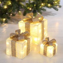 Spetebo - led Geschenkboxen mit Timer 3er Set - creme - Weihnachts Deko Boxen warm weiß beleuchtet Batterie betrieben mit Timer