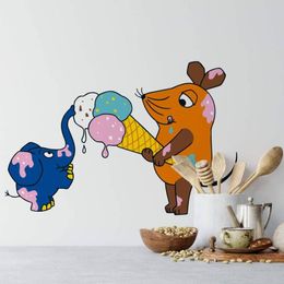 Kinderzimmer Wandtattoo Die Maus und Elefant isst Eis Aufkleber Wandsticker 50x33cm - bunt