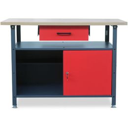 Werkbank mit Arbeitsplatte Werktisch mit Schublade Schließfach Verstellbare Füße Belastbar bis 400 kg Metall Anthrazit-Rot 120 cm x 60 cm x 85 cm