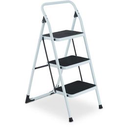 Trittleiter, 3 Stufen, klappbar, Klapptritt mit Haltebügel, bis 150 kg, Anti-Rutsch, Leiter aus Stahl, weiß - Relaxdays