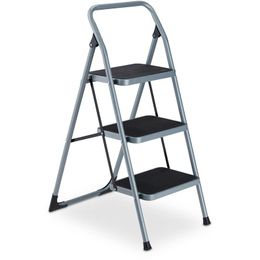 Trittleiter, 3 Stufen, klappbar, Klapptritt mit Haltebügel, bis 150 kg, Anti-Rutsch, Leiter aus Stahl, grau - Relaxdays