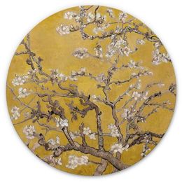 K&L WALL ART K&l Wall Art - Alu-Dibond-Poster Rund Metalloptik Wandbild Mandelblüte Chinoiserie Gelb Kunstdruck van Gogh ø 45cm - gelb