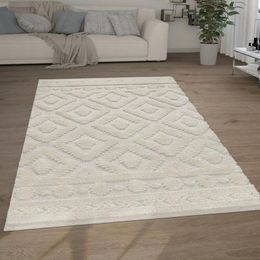 Hochflor Teppich Wohnzimmer Shaggy 3D Optik Ethno Boho Vintage Look Weich 200x280 cm, Creme 8 - Paco Home