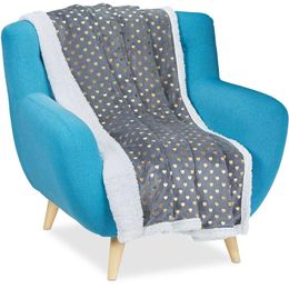 Relaxdays - Kuscheldecke, goldene Herzen, flauschige Decke mit Lammfelloptik, zweiseitige Couchdecke, 150x200cm, grau/weiß