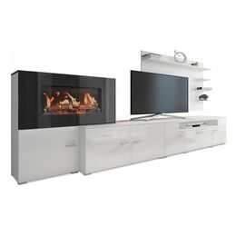 Wohnmöbel mit elektrischem Kamin mit 5 Flammenstufen, Oberfläche Mattweiß und Hochweiß lackiert, Maße: 290 x 170 x 45 cm tief - weiss - Skraut Home