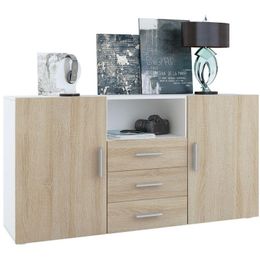 Vladon - Sideboard Anrichte Schrank Möbel Schublade Kommode Skadu Weiß matt - Hochglanz - Front in Eiche sägerau - Front in Eiche sägerau