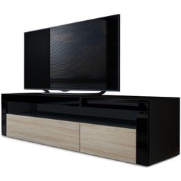 Vladon - tv Lowboard Board Schrank Tisch Möbel Valencia Schwarz - Hochglanz & Naturtöne - Eiche sägerau / Schwarz Hochglanz - Eiche sägerau / Schwarz