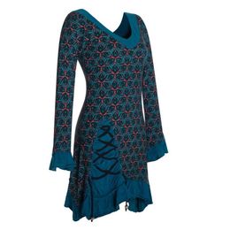 Vishes Zipfelkleid Langarm Kleid Bedruckt Asymmetrisch Rüschen Volant Elfen