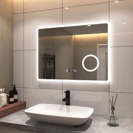 S'afielina - led Badspiegel Badezimmerspiegel mit Beleuchtung Wandspiegel mit Touch-Schalter+Beschlagfrei+Uhr Kaltweiß Energiesparend Lichtspiegel