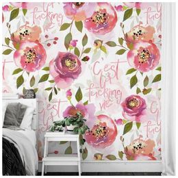 Florale Tapete mit Zitat C'est la fucking vie Vintage Blumentapete Schlafzimmer Vliestapete Sommer Rosen Tapeten 0,48 m x 10,08 m - bunt