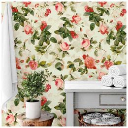 Vintage Blumentapete Wohnzimmer Vliestapete Rosen Tapeten Mustertapete Floral Rote Blumen Natur Tapete 0,48 m x 10,08 m - bunt