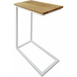 Beistelltisch c-form, Laptoptisch aus Metall und Holz, Couchtisch, Nachttisch, Echtholz Eiche, praktische Ablage - Weiß, mit Tischplatte eiche - Weiß