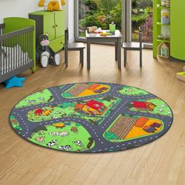 Snapstyle Kinder Spiel Teppich Bauernhof Grün Rund - 160 cm Rund