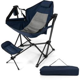 Campingstuhl mit Fußstütze, Klappstuhl Liegestuhl mit Schaukelfunktion verstellbarem Rückenwinkel, Kopfstütze Getränkehalter Tragetasche, tragbarer