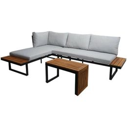 Garten Garnitur HHG 086, Garnitur Sitzgruppe Lounge-Set Sofa, Spun Poly Alu Akazie Holz MVG-zertifiziert hellgrau - grey