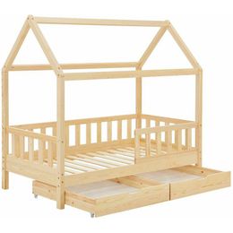 Kinderbett Marli 80 x 160 cm mit Bettkasten 2-teilig, Rausfallschutz, Lattenrost & Dach - Massivholz Hausbett für Kinder - Bett in Natur - Juskys