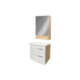 Fackelmann B.STYLE Badmöbel Set – Waschbecken mit Unterschrank und LED-Spiegelschrank in Weiß mit Holz braun – Waschbeckenunterschrank 60 cm hängend