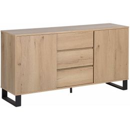 Beliani Sideboard Heller Holzfarbton Spanplatte mdf Platte Metall Melaminbeschichtung 76 x 145 x 39 cm Modern 3 Schubladen 2 Fächer Türen Wohnzimmer - Schwarz