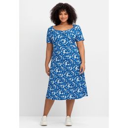 sheego by Joe Browns Große Größen: Jerseykleid mit Blumendruck und Herzausschnitt, blau gemustert, Gr.52