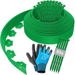 Kesser® Flexible Rasenkante aus Kunststoff Länge 10m Höhe 5cm, mit 50 Erdanker + Handschuhe, Beeteinfassung Beetumrandung Beetbegrenzung Mähkante Pflastersteine Palisade