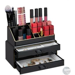 Make Up Organizer, 2-teilig, mit Schmuckkästchen, 3 Schubladen, Kunststoff, hbt 18,5x23,5x15 cm, schwarz-gold - Relaxdays