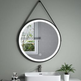 Badspiegel mit Beleuchtung Rund led Badezimmerspiegel mit Touch und kaltweißes Licht Schwarzer Rahmen verstellbarer Ledergürtel,80cm - S'afielina