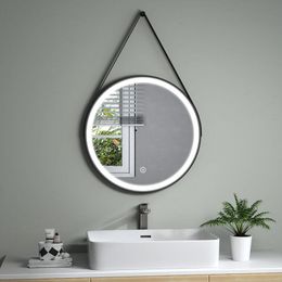 Badspiegel mit Beleuchtung Rund led Badezimmerspiegel mit Touch und kaltweißes Licht Schwarzer Rahmen verstellbarer Ledergürtel,60cm - S'afielina