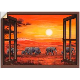 Artland Wandbild »Fensterblick - Elefantenherde«, Fensterblick, (1 St.), als Leinwandbild, Wandaufkleber oder Poster in versch. Größen braun